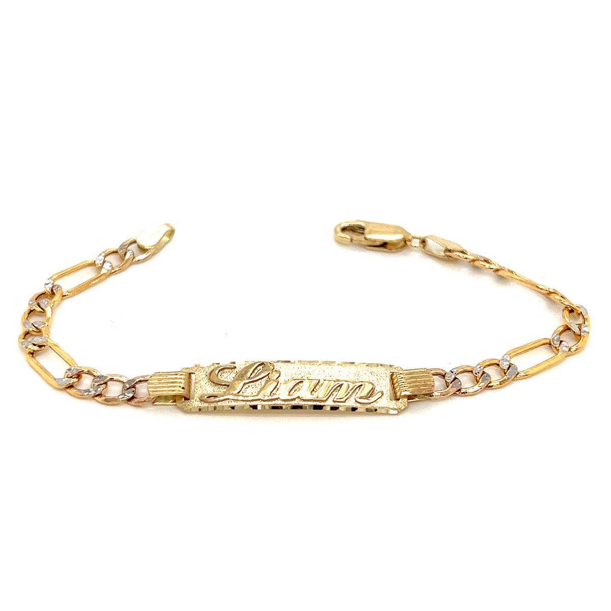 14k Kids Gold ID Bracelet with Gold Name Overlay and Wide Figaro Pavé ...