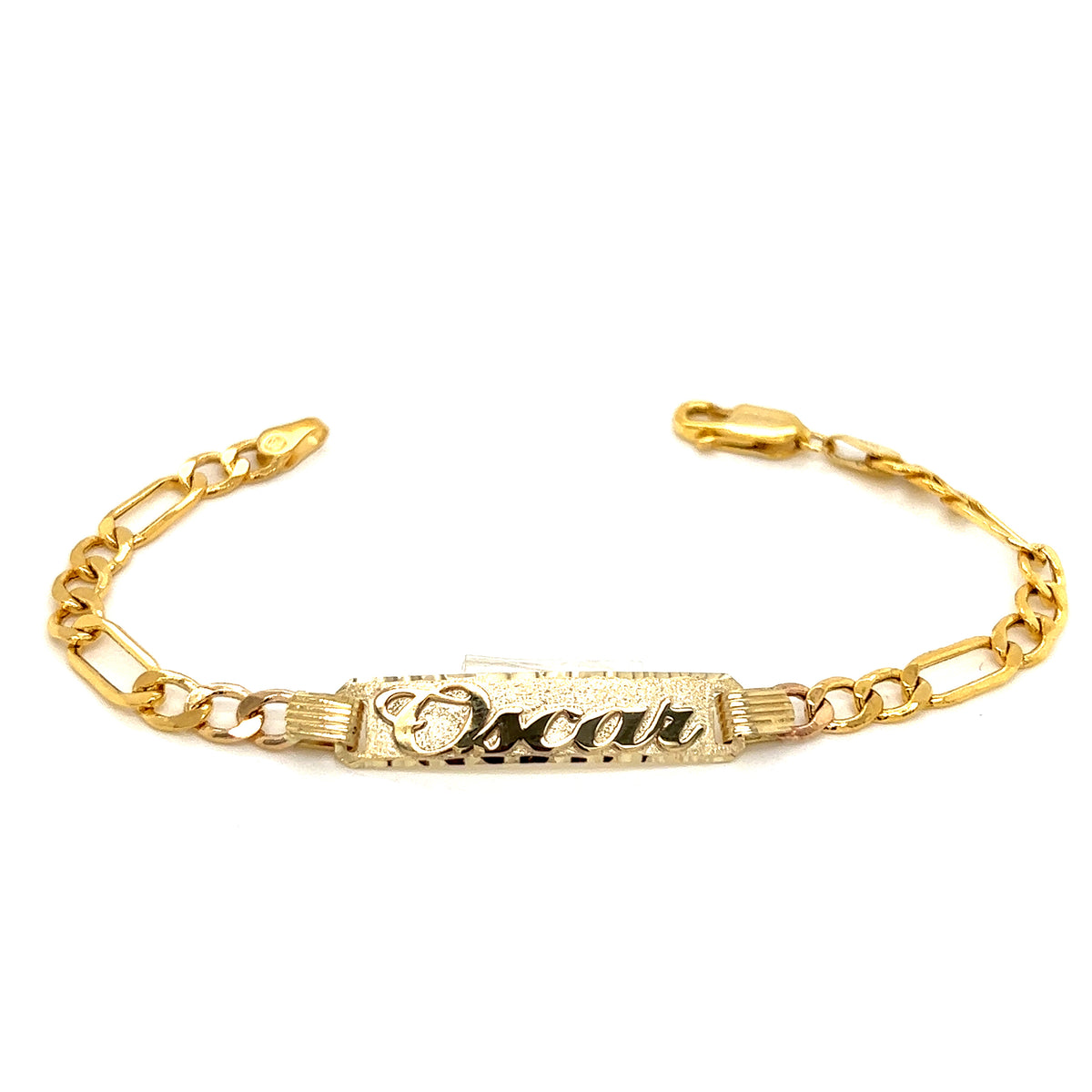 14k Kids Gold ID Bracelet with Gold Name Overlay and Wide Figaro Links ...