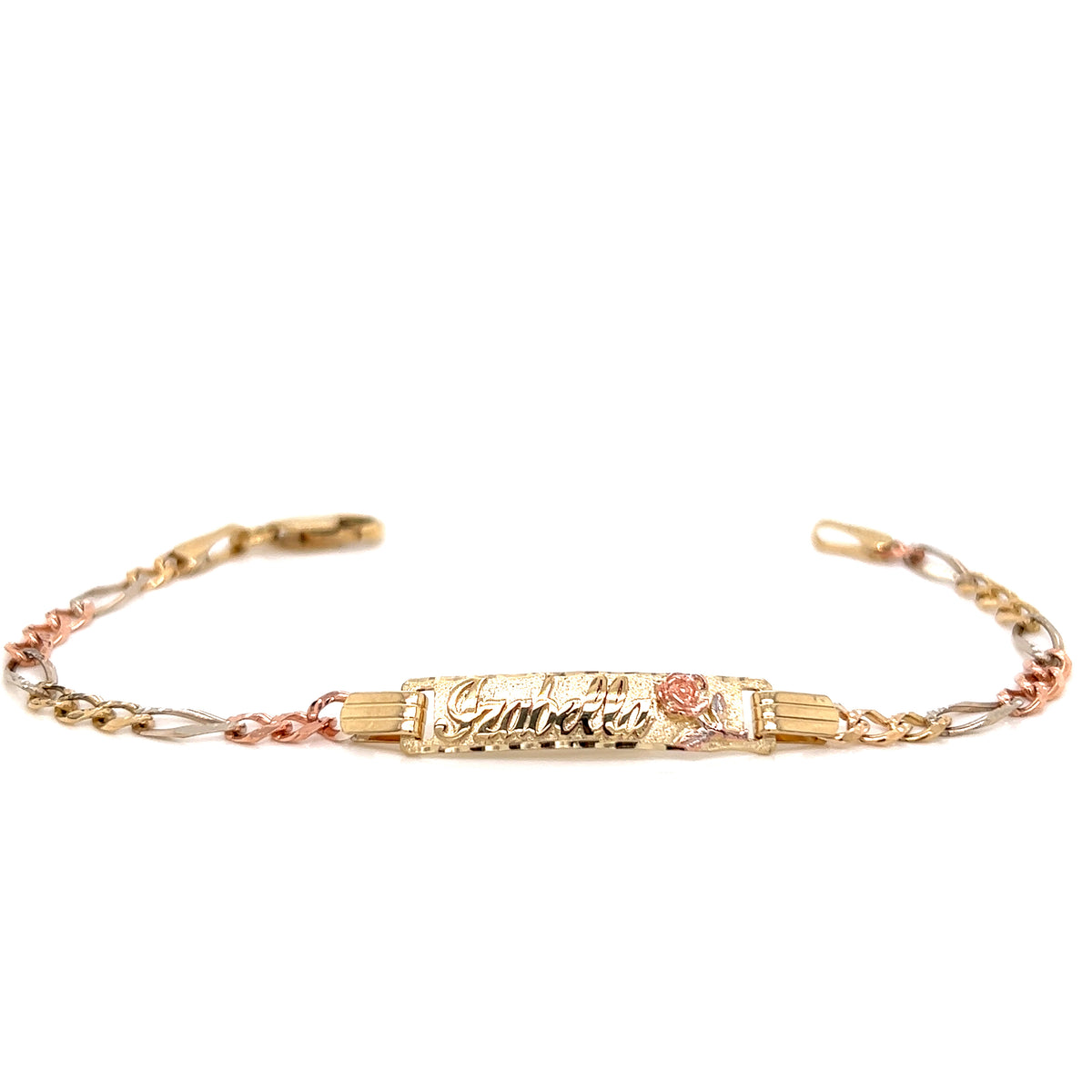 14k Gold Kids ID Bracelet with Custom Rose Flower Name Plate & Solid T ...