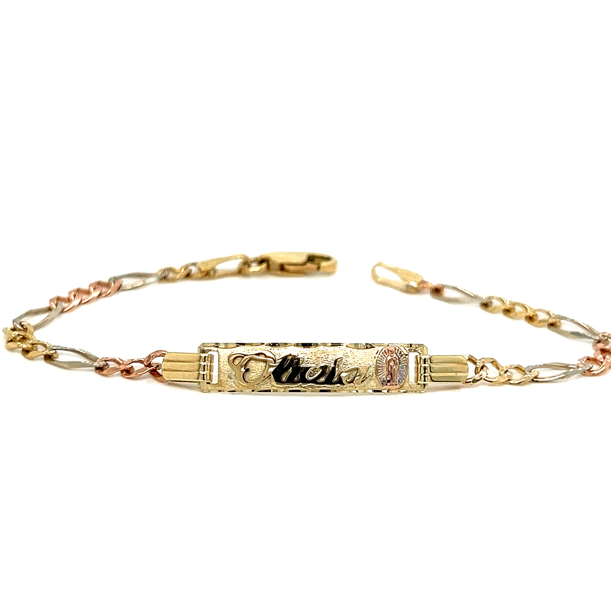 14k Kids Gold ID Bracelet with Gold Name Overlay and Virgin Mary - LE ...