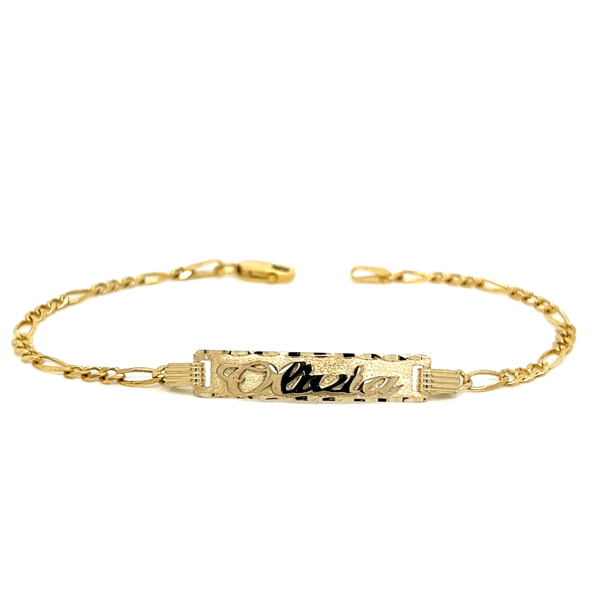 14k Gold Kids ID Bracelet with Custom Gold Name Plate & Solid Figaro L ...