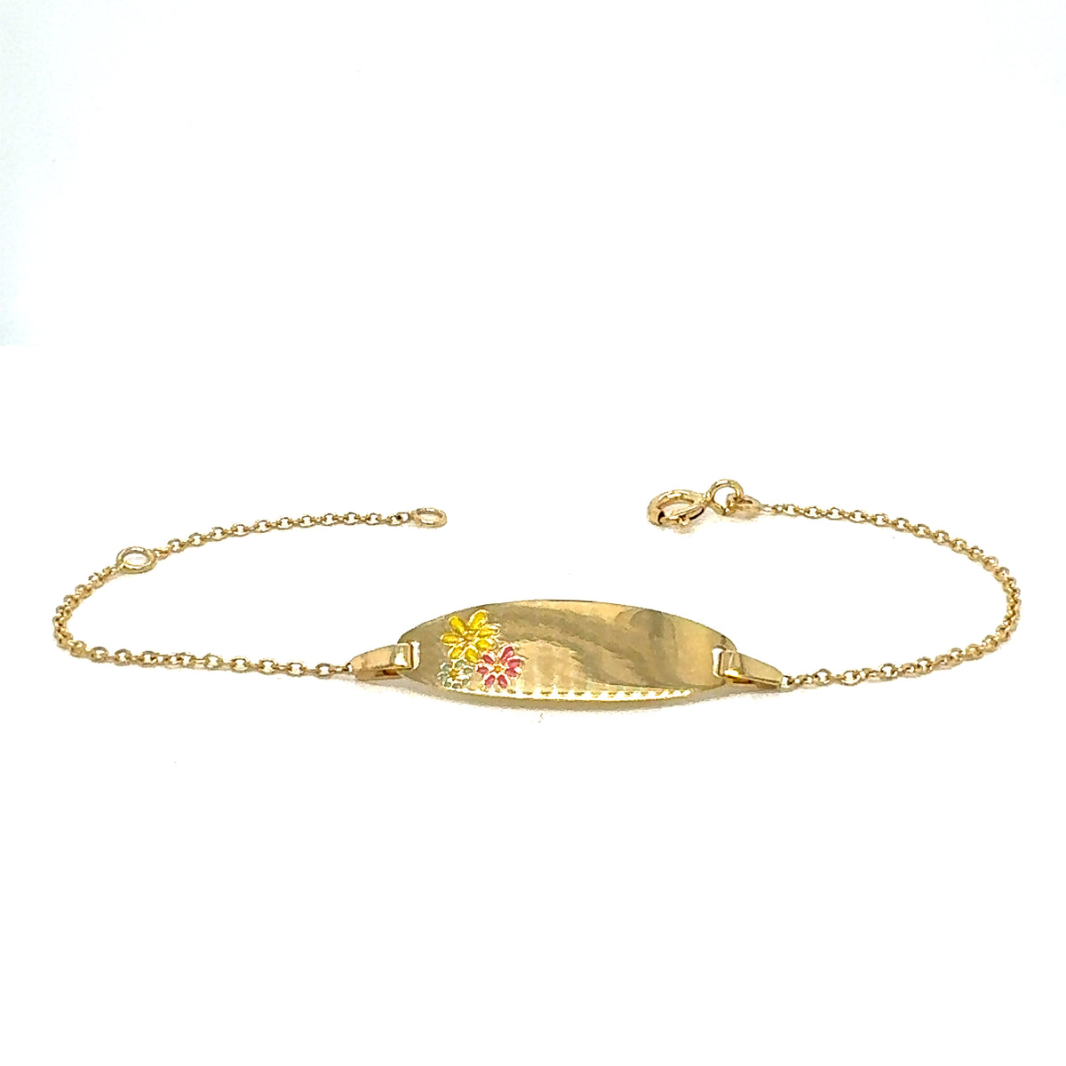 14k Gold Baby ID Bracelet with Gold Name Overlay and Enamel Colored Fl ...