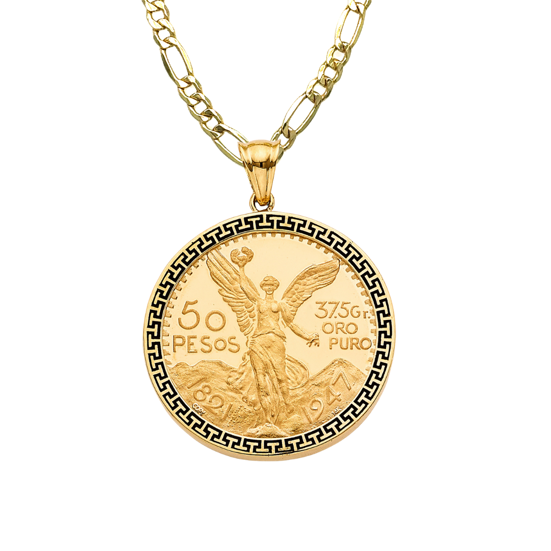 14k Gold Coin Centenario Greek Frame Design with Solid Figaro Chain ...