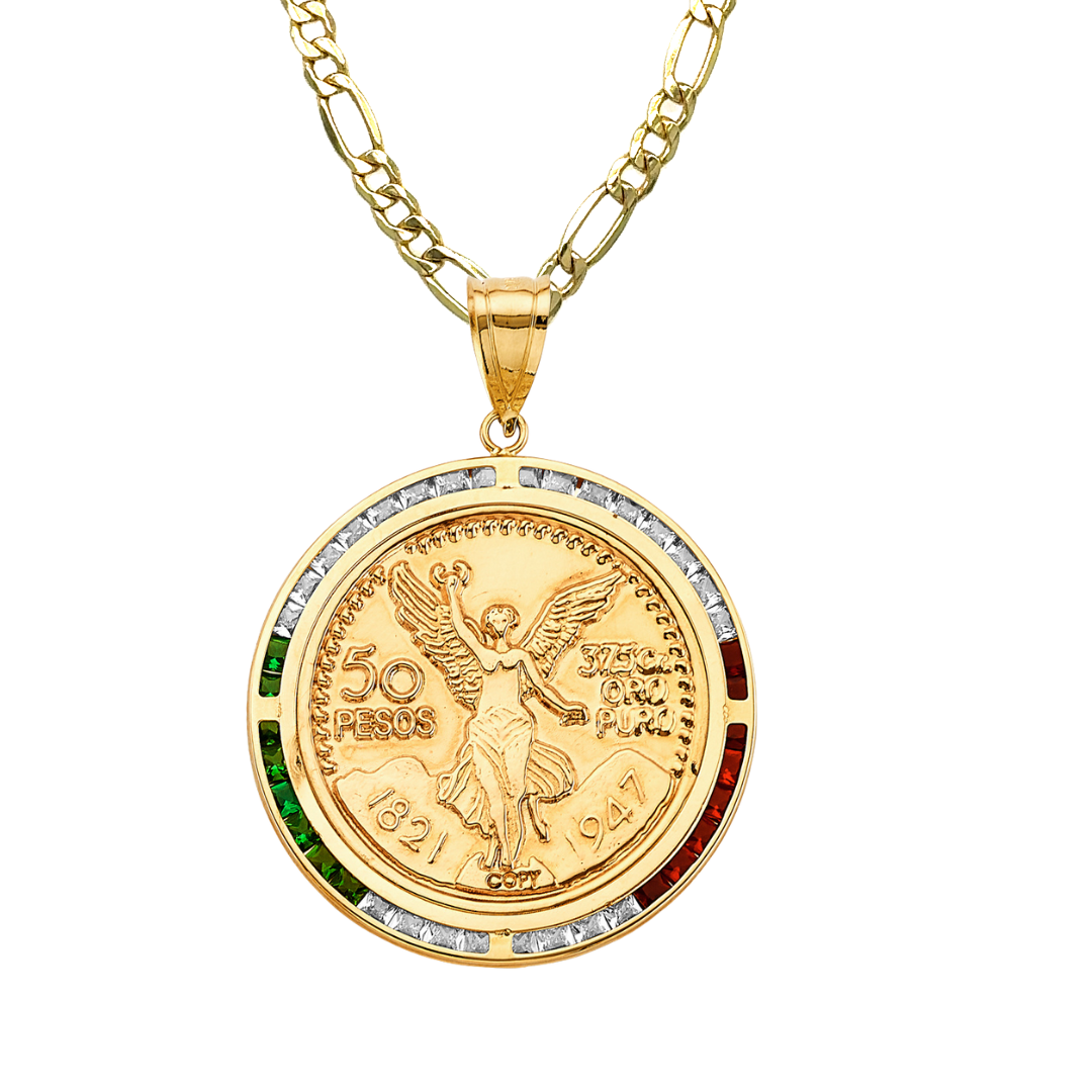 14k Gold Coin Centenario Design Gemstone Bezel with Solid Figaro Chain ...