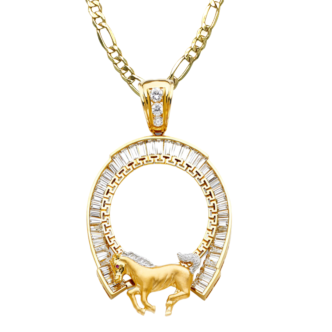 14k Gold Stallion Centenario Gemstone Bezel with Solid Figaro Chain ...