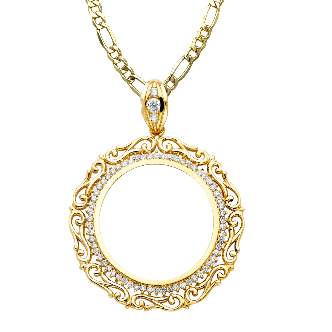 14k Gold Centenario Gemstone Bezel with Solid Figaro Chain - LE-2062 ...